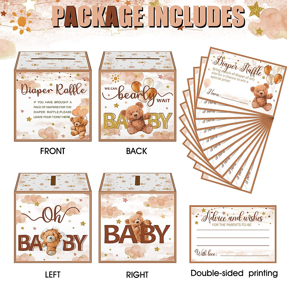 Fuutreo 51 Pcs Diaper Raffle Box with Tickets for Baby Shower Box Balloon Themed Baby Shower Decorations Baby Shower Holder for Diaper Raffle Party(Bear)