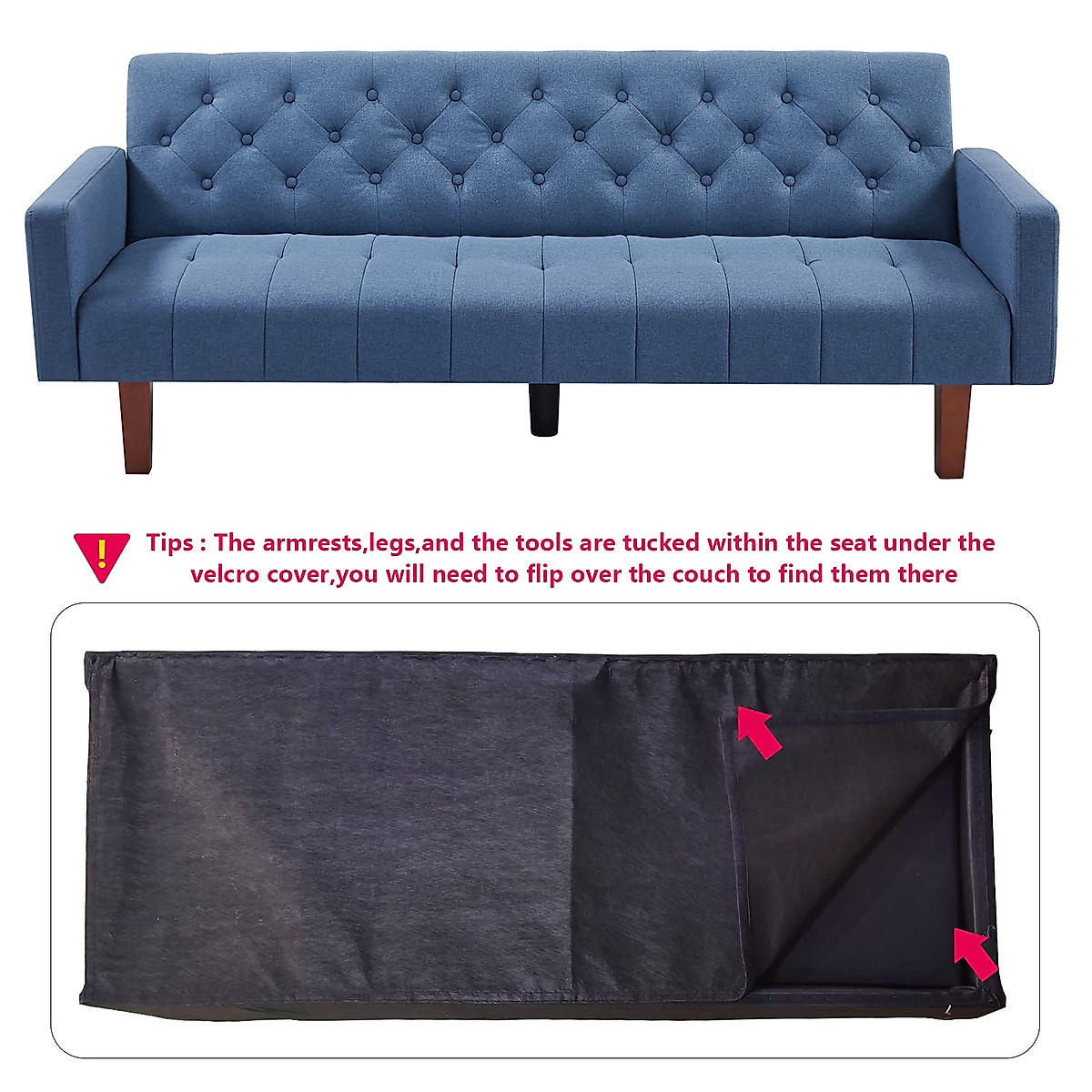 mikibama Tufted Linen Futon Sofa Couch Bed for Living Room Convertible Fabric Blue Upholstered Sleeper Futon Guest Bed Twin Size with Solid Wood Legs for Small Spaces