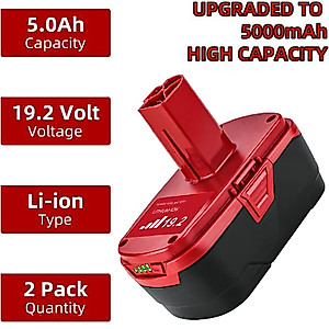 2 Pack 19.2V 5000mAh C3 Lithium Battery Replacement for Craftsman 19.2 Volt Battery XCP DieHard 315.115410 315.11485 1323903 130211004 11375 11045 315.Pp2011