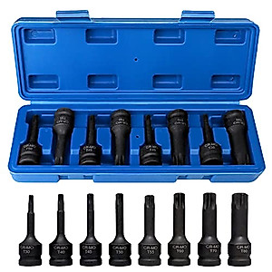 Impact Torx Socket Set 8 Pieces, T30 T40 T45 T50 T55 T60 T70 T80 Cr-Mo Impact Grade, 1/2" Drive Torx Bit Socket Set with Case