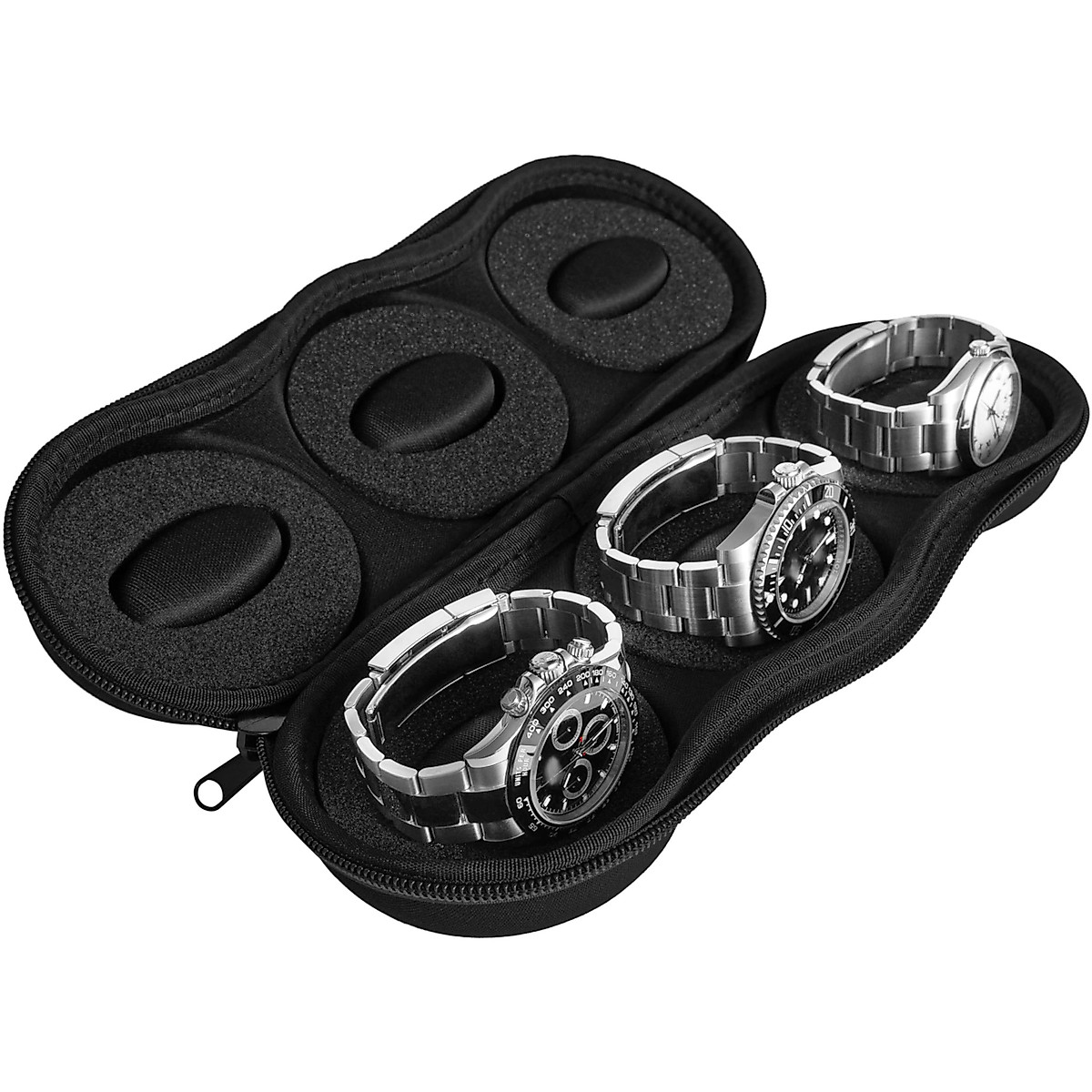 WATCHPOD Triple Watch Travel Case Storage Organizer For 3 Watches | Tough Portable Protection w/Zipper Fits All Wristwatches & Smart Watches Up To 50mm (Black)