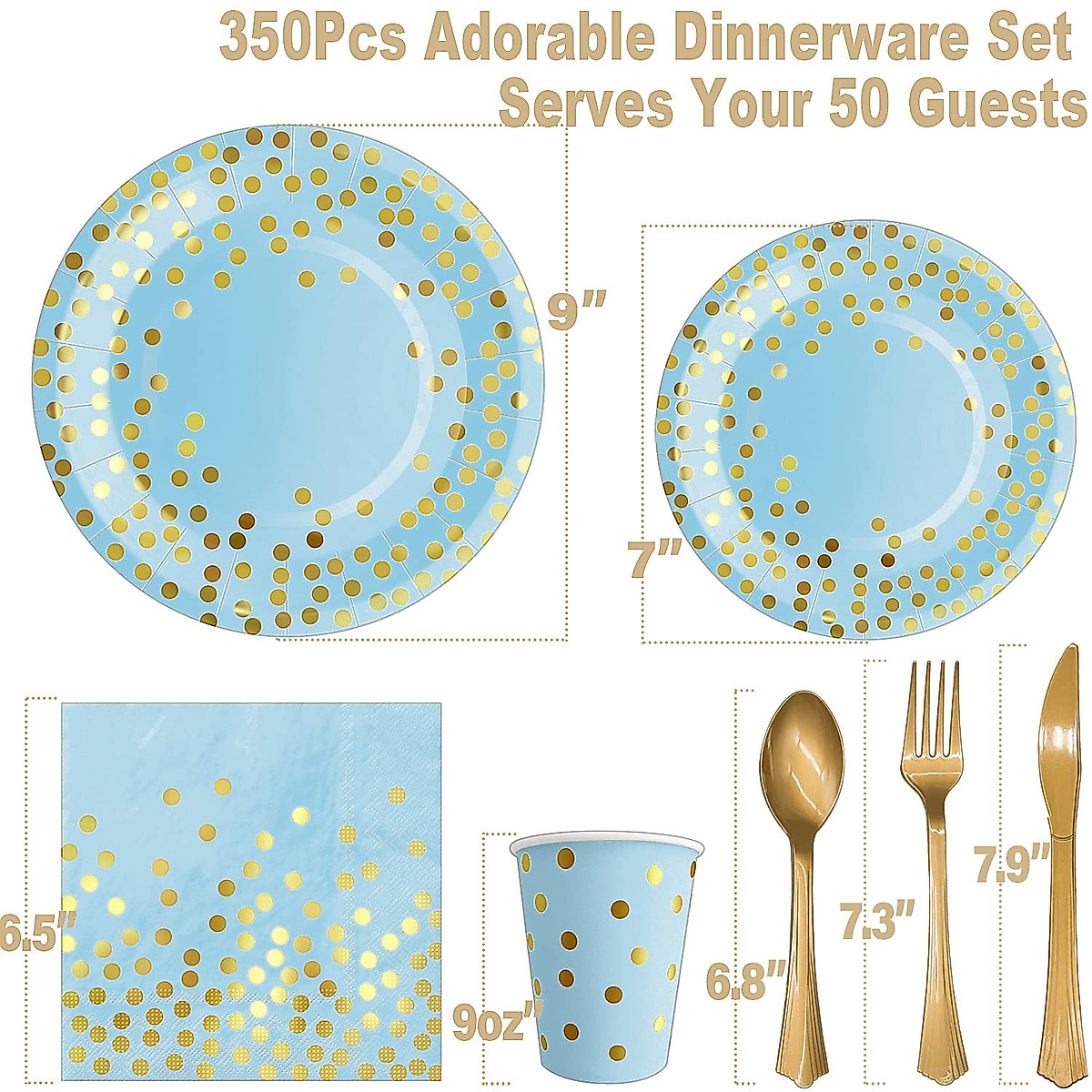 350PCS Blue and Gold Party Decorations 50 Guests Blue Paper Plates Plastic Forks Knives Spoons & Golden Dot Blue Party Plates Napkins Cups for 2023 Graduation Decorations Baby Shower Boy Birthday