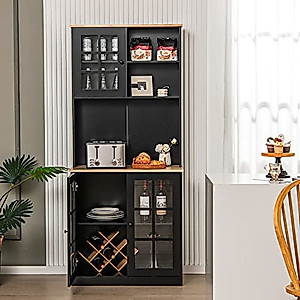 Byroce Kitchen Pantry with Cabinets & Open Shelves, Modern Tall Cabinet with Large Countertop, Glass Doors, Adjustable Shelves, Buffet Cabinet Cupboard for Kitchen, Living Room, Dining Room (Black)