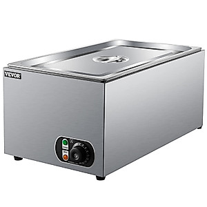 VEVOR Steam Table Warmer, 27 Qt Commercial, Full Size Countertop Food Warmer, Stainless Steel Electric, 1000W Buffet Food Warmer with Lid for Catering and Restaurant