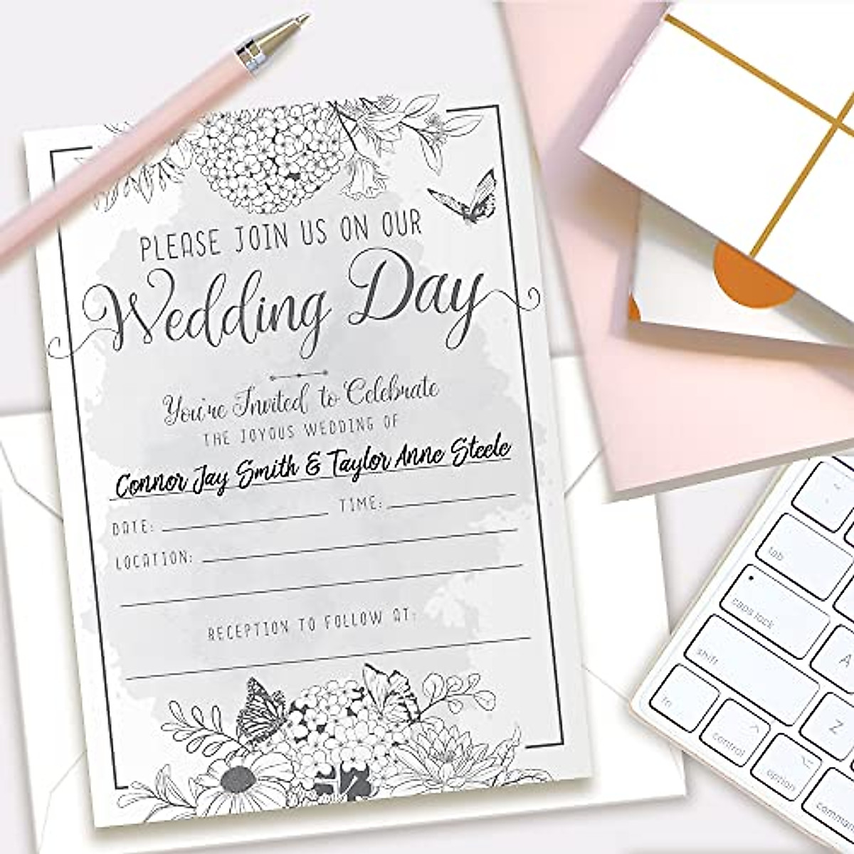 Wedding Invitation Kit with Envelopes - Wedding Drawing Florals Themed Invitations & Envelopes Minimalist Blank Wedding Invitations, Invitation Wedding Kit Set of 25 Beautiful Invitations