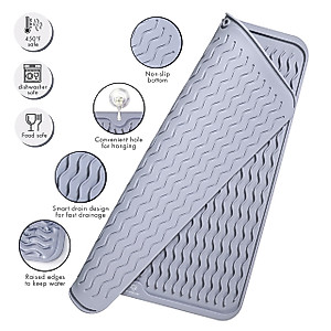 Silicone Dish Drying Mat for Kitchen Counter, 12'' x 6'' Heat Resistant, Non-Slip Design, Quick Dry, Easy Clean, Raised Edge Holds Water, BPA Free, Food Grade Silicone- Gray