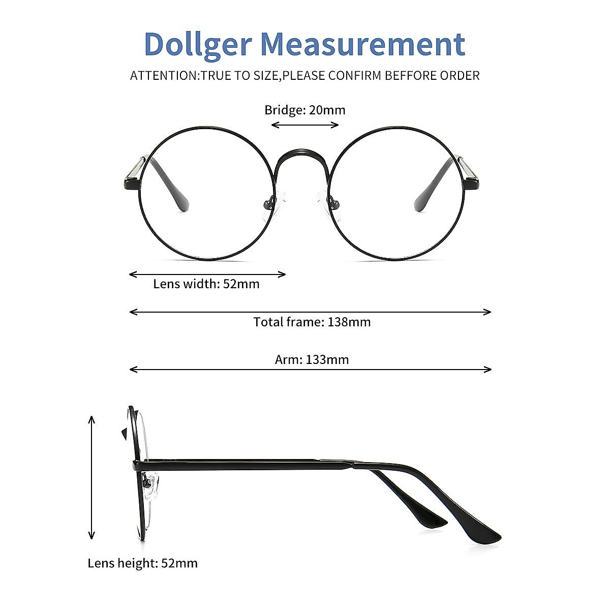 Dollger Retro Round Glasses Harry glasses Circle Clear Lens Non-Prescription Glasses for Men Women Fashion Metal wire Frame Black
