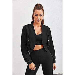 Kolagri Women Long Sleeve Cropped Windbreaker Open Front Quick Dry Thin Bomber Jacket Workout Bolero Jackets Tops Black M