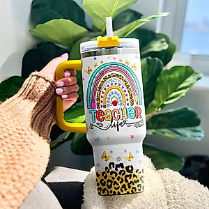 99WHALE Pack Butterfly Teachers Black Handle Funny For Women Coffee Straws Cups Music Pencil Daisy, Teacher Gifts, Tumbler 40 Oz With Handle Lid And Straw, Teacher Rainbow Color Leopard