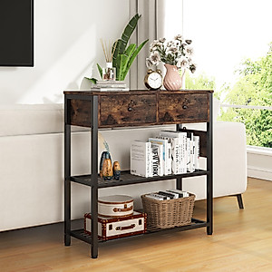 Rustic Industrial Console Table, Sofa Table ，Narrow Side Table with 2 Fabric Drawers, Small Entrance Table with 3 Storage Shelves, Side Table for Living Room, Hallway（31.5，Brown and Black）
