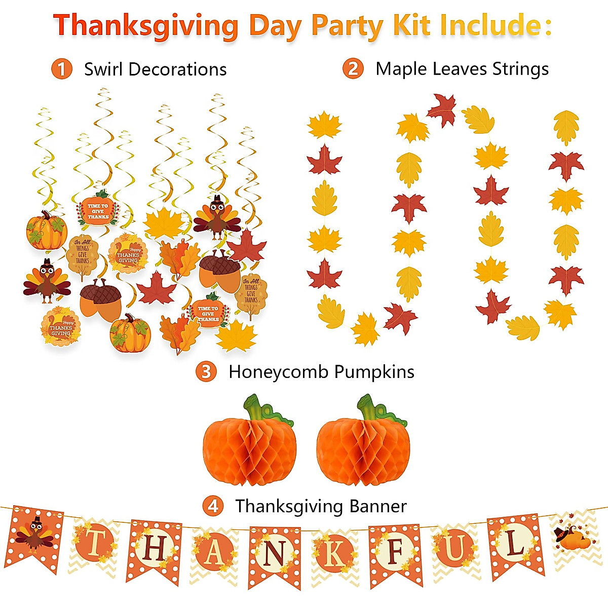 Dazonge Thanksgiving Decorations 40PCS, Pre-Assembled Thanksgiving Hanging Swirls, Thankful Banner, Fall Leaves String and Honeycomb Pumpkins for Indoor and Outdoor Thanksgiving Decor, Thanksgiving Decorations for Home