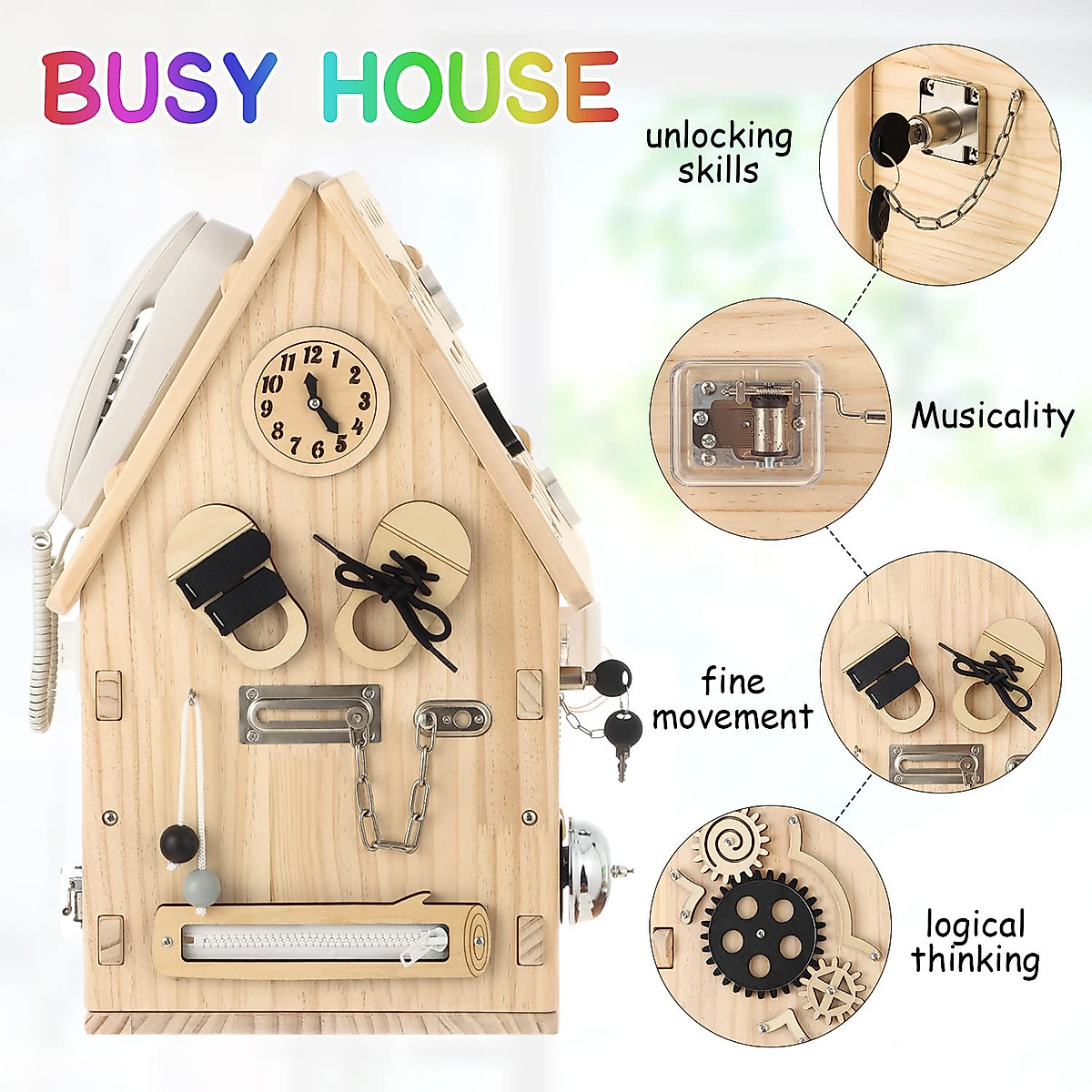 Montessori Busy House, Wooden Busy Board Toy for Toddlers, Preschool Learning Educational Toys, Sensory Board for Life Skills and Fine Motor Skill Learning, Best Gifts for 3+ Year Old Boys & Girls