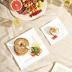 MATANA 40 Fancy White Plastic Plates for Party with Silver Rim - Heavy Duty Square Dinner Plates 9.5" Inch x 20, Salad & Dessert Plates 6.5" Inch x 20 for Wedding Reception, Birthday Parties & Events