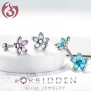 Forbidden Body Jewelry 16g Opalite Flower Tragus/Helix/Cartilage Stud Earring (Purple 2pcs)