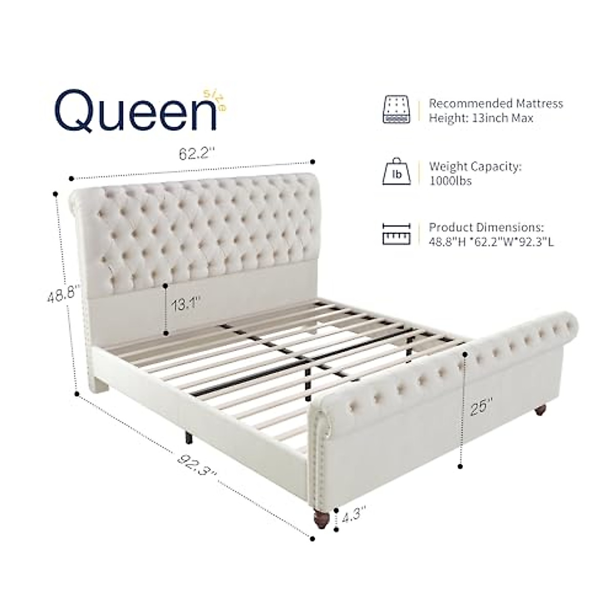 Jocisland Queen Size Bed Frame, Velvet Upholstered Platform Sleigh Bed with Scroll Headboard & Footboard, Button Tufted, No Box Spring Needed, Beige