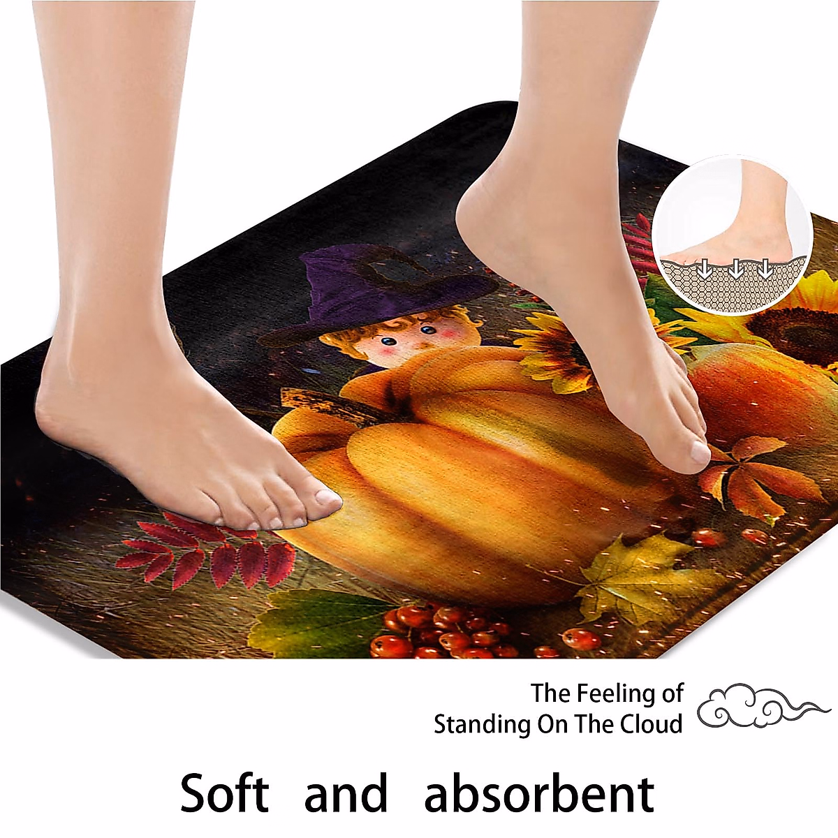 ArtSocket Witch Pumpkin Bathroom Sets with Shower Curtain and Rugs and Accessories, Fall Sunflower Leaf Autumn Orange Black Shower Curtain Sets, Thanksgiving Shower Curtains for Bathroom Decor 4 Pcs