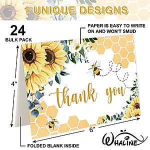 Whaline 24Pcs Sunflower Bee Thank You Cards Bulk Watercolor Summer Flower Greeting Cards with Envelope Stickers Blank Note Cards for Wedding Baby Shower Bridal Birthday Party, 4 x 6 Inch
