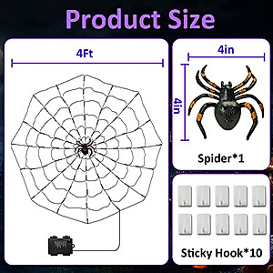 Remon 4Ft Light Up Spider Web Halloween Decorations, 96 Purple LED Waterproof Spider Web Lights with Big Spider, 8 Flashing Modes Battery Powered for Halloween Home Window Yard Garden Indoor Outdoor
