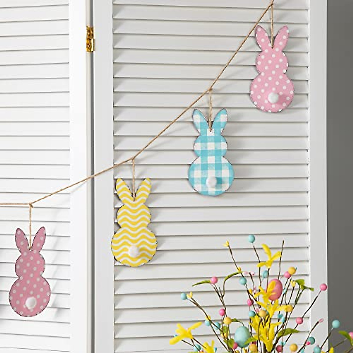 glitzhome 72''L Easter Metal Bunny Garland, Easter Wall Hanging Decor Jute Banner for Indoor Outdoor Mantle Door Festive Party Home School Decorations