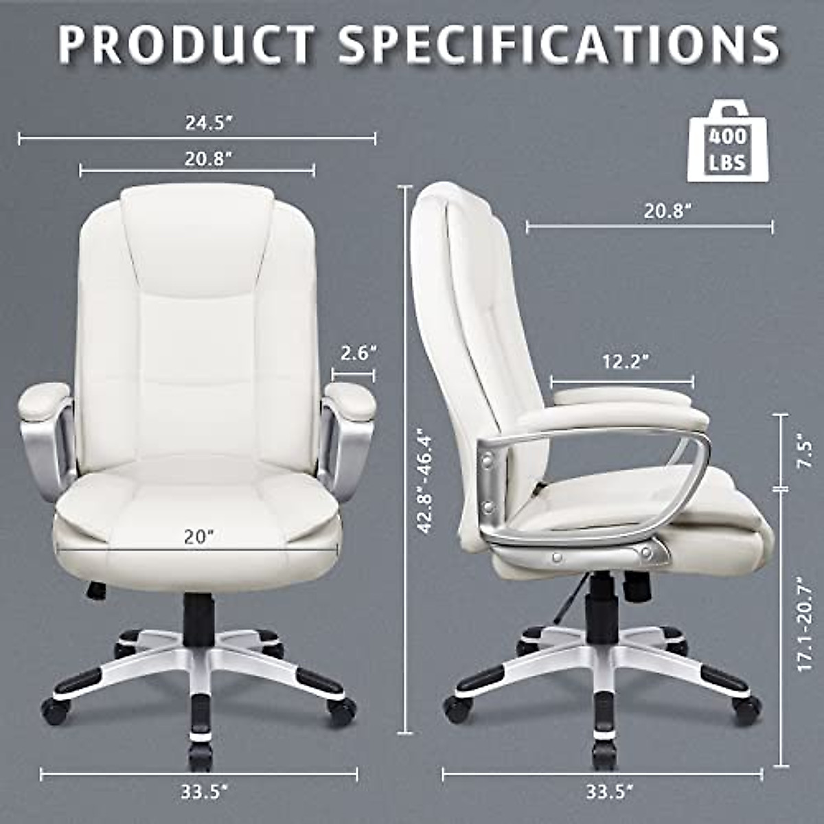 LEMBERI Office Desk Chair, Managerial Executive Chair, Big and Tall High Back Computer Chair, Ergonomic Adjustable Height PU Leather Chairs with Cushions Armrest for Long Time Seating (White)