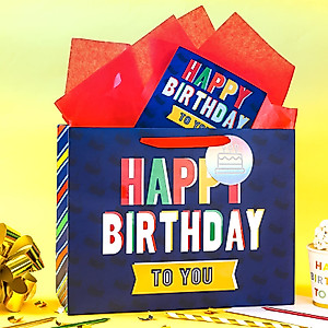 WRAPAHOLIC 13" Large Gift Bag with Card and Tissue Paper - Colorful Happy Birthday with Holographic Silver Foil