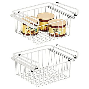 mDesign Compact Hanging Pullout Drawer Basket - Sliding Under Shelf Storage Organizer - Metal Wire - Attaches to Shelving - Easy Install - for Kitchen, Pantry, Cabinet - 2 Pack - White
