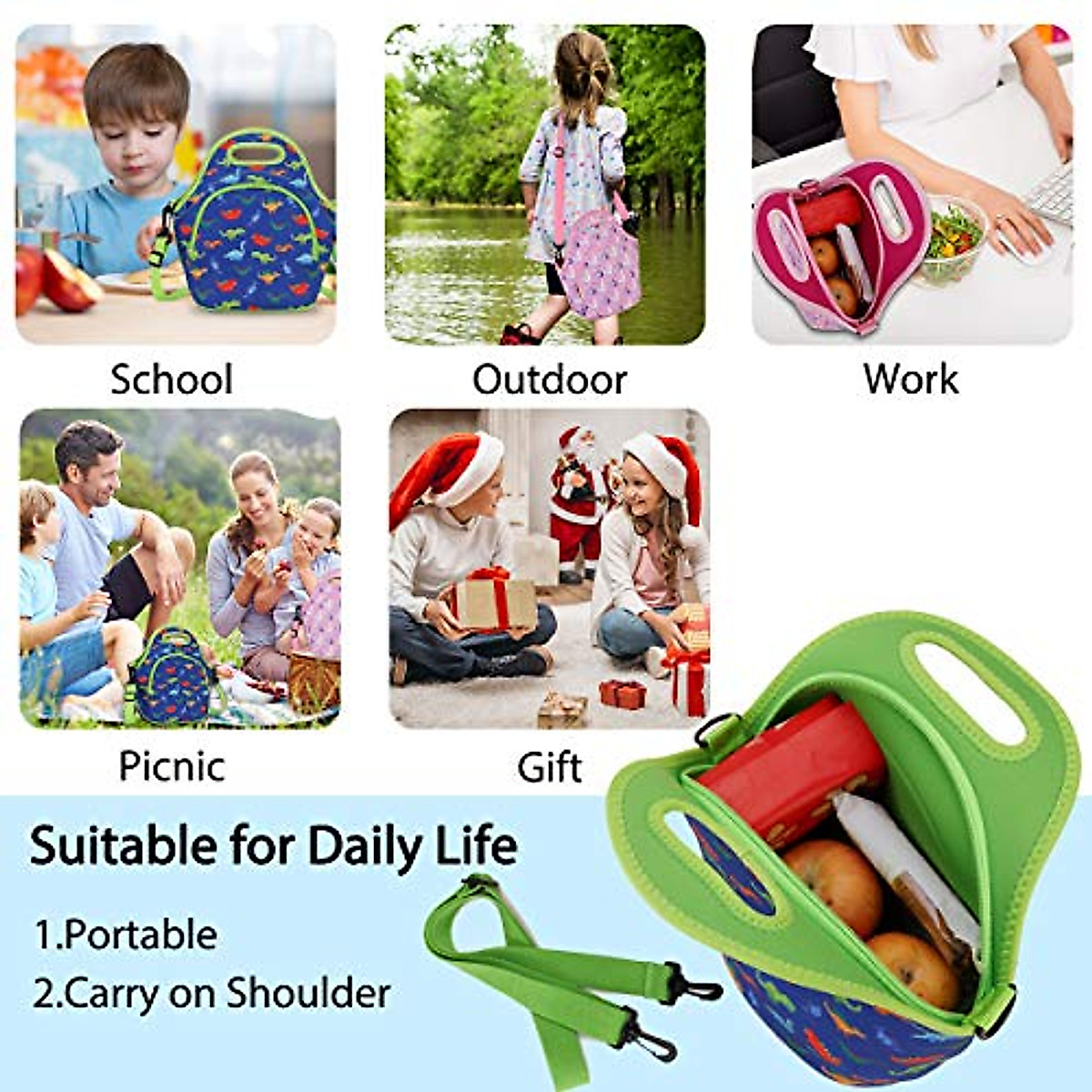 VX VONXURY Lunch Bag for Boys, Neoprene Small Lunch Box Bag for Kids Cute Insulated Thermal Lunch Tote with Removable Shoulder Strap, Dinosaur