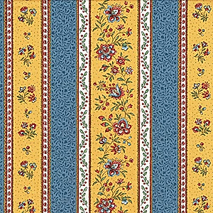 Textiles français Provençal Stripe Floral Fabric GORDES | Stone Blue and Yellow - with Red, Green and Ivory - Luxury 100% Cotton Printed Fabric - 63 inches Wide | Per Yard Length Increment