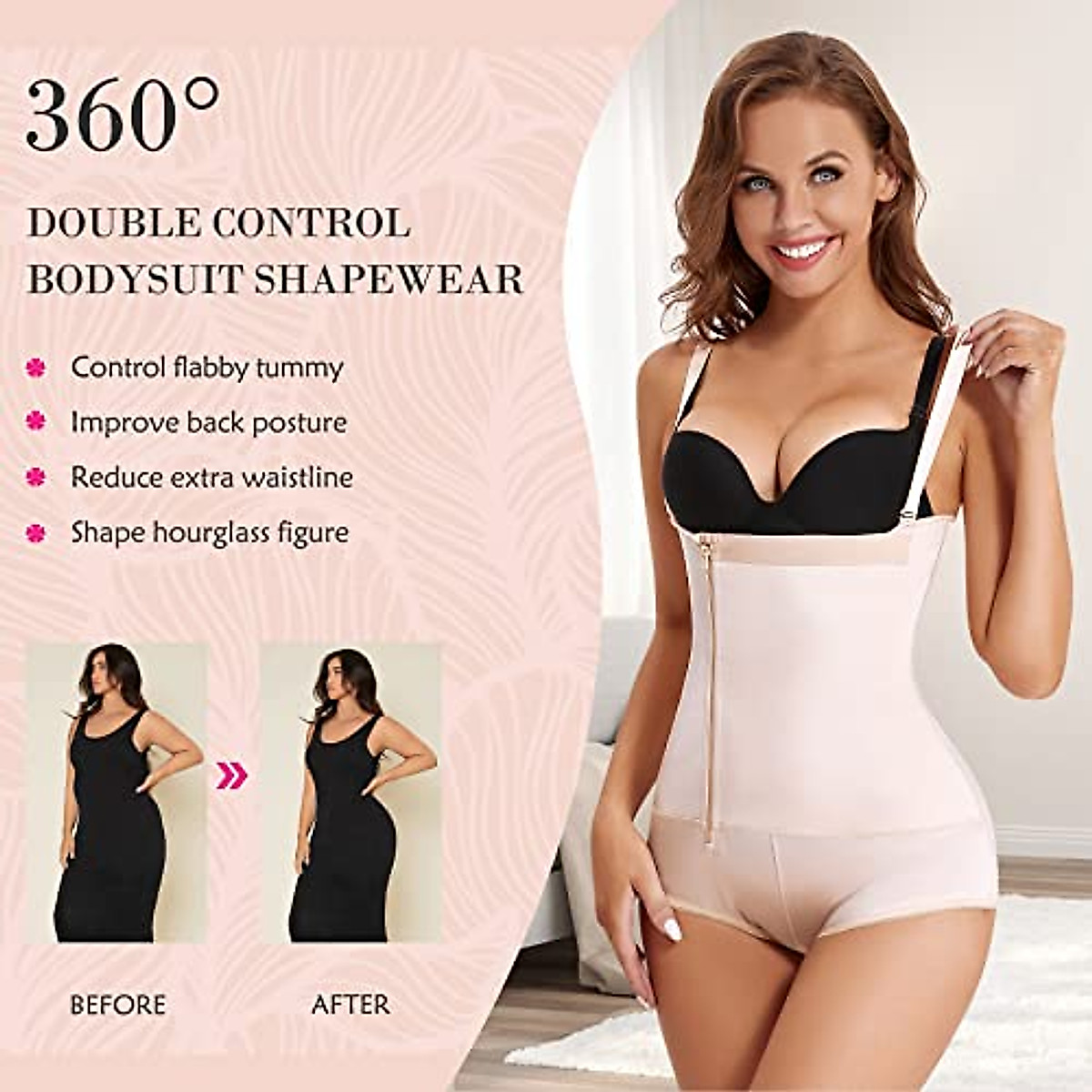 Nebility Bodysuit for Women Slim Waist Trainer with Full Body Zipper Latex Shapewear with Open Bust Corset (Medium,Beige)