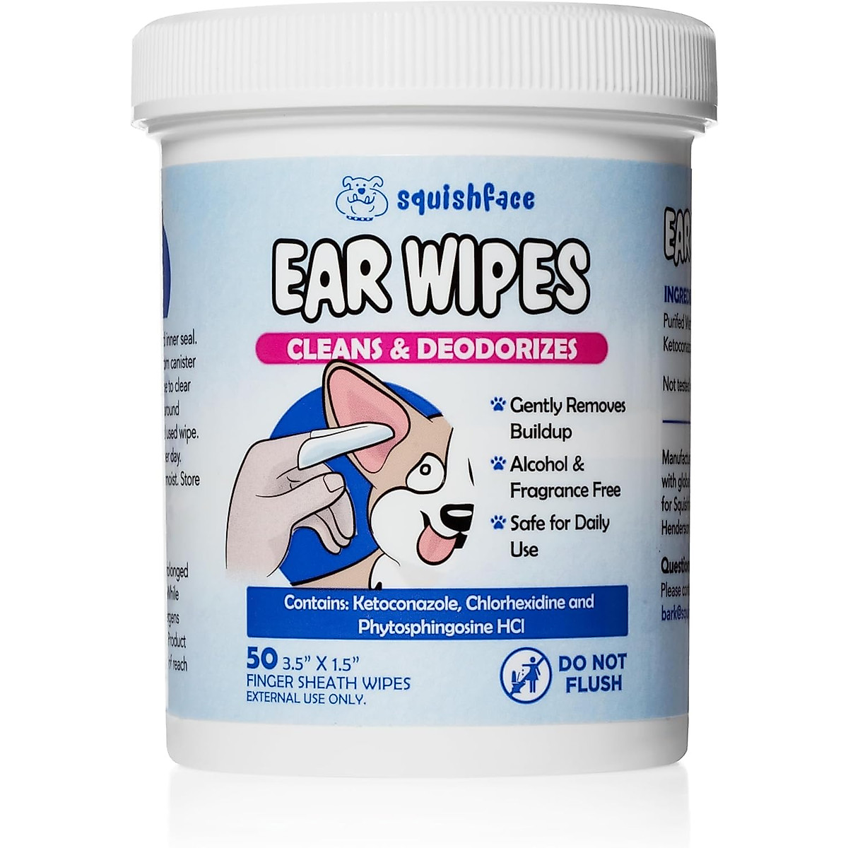 Squishface Dog Ear Relief Individual Finger Sheath Wipes – Non-Allergenic Ingredients & Irritation-Reducing Formula Cleans & Deodorizes, Helps Prevent Ear Itch & Odor – for All Breeds! (50 Count)