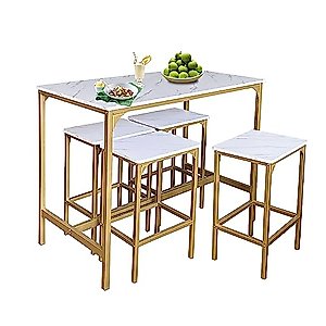 AT-VALY 5-Piece Bar Table Set with 4 Stools,Dining Room Table Set,Small Spaces (Gold & White)