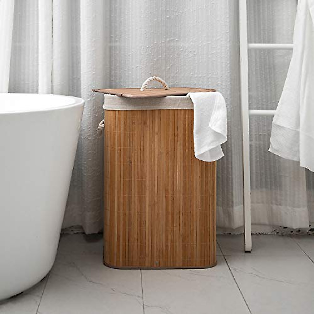 MHKanS Laundry Hamper with Lid Bamboo Dirty Clothes Storage Basket with Rope Handle and Removable Liner Rectangle Laundry Hamper Bin for Bathroom Bedroom Living Room Corner (Style 1)