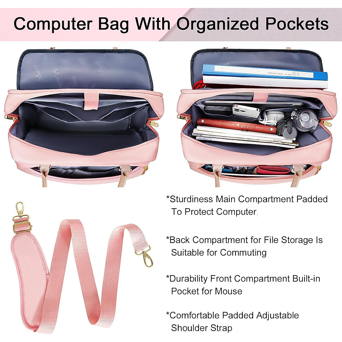 MATEIN 17 Inch Laptop Bag, Large Waterproof Laptop Carrying Case with Adjustable Handle, Cute Pink Briefcase Shoulder Messenger Bag Professional Work Computer Bag for Women Office College Travel, Pink