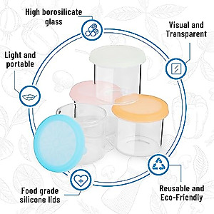 Kieaisy Glass Snack Containers, 4x5oz Small Glass Food Storage Jars, Portable Kids Lunch Containers with Silicon Lids, Condiment Container with Lids | Reusable & Microwave & Dishwasher Safe