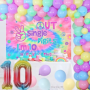 Tie Dye 10th Birthday Decorations for Girls, Peace out Single Digits, Macaron Balloon Garland Kit with Out Single Digits I'm 10 Backdrop, Hippie Theme Happy 10th Birthday Decorations