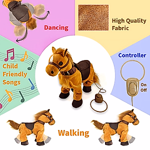 Haktoys Walk Along Horse with Remote Control Leash, Dancing Singing Walking Musical Pony Pet, Realistic Animal Design with 9 Different Child-Friendly Songs