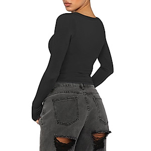 REORIA Women Fall Sexy Long Sleeve Henley T Shirts V Neck Button up Casual Basic Vintage Y2K Slim Fitted Ribbed Knit Tees Crop Tops Black Medium