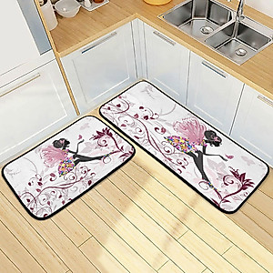 Magic Fairy Flowers Girl Butterfly Kitchen Rugs and Mats 2 Pieces Anti Fatigue Kitchen Rug Set Non-Slip Bath Mat Entry Floor Carpet Entrance Door Mat Runner 20"x28"+20"x47"