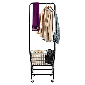 ALIMORDEN Laundry Cart with Clothes Rack, Rolling Laundry Butler with Wire Storage Rack，Black