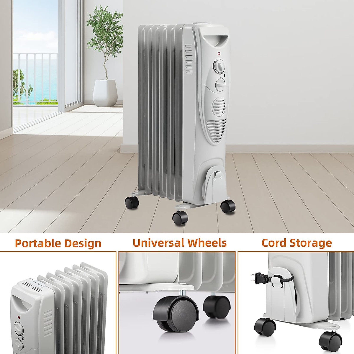 R.W.FLAME Oil Filled Radiator Heater,3 Heat Settings, Adjustable Thermostat, Portable Space heater, Quiet Heater with Tip-over & Overheating Functions(27", Grey)