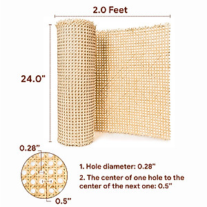 24" Width Rattan Cane Webbing Rattan Cane Webbing Roll 2 Feet Hexagon Weave Mesh 1/2 Inch Pre-Woven Cane Net Open Weave Wicker Cane Webbing Rattan Sheets Natural Material for Cabinet Chair (2 Feet)