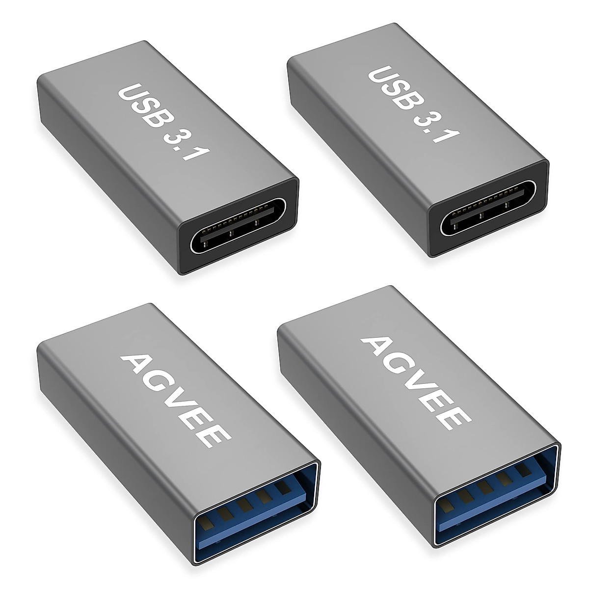 AGVEE [4 Pack USB-A 3.0 Female to USB-C Female Adapter, USB Type-C 3.1 Gen-1 Converter Coupler Extension Extender for MacBook Pro/Air, iPad Pro 2020 2018 Air 4, Samsung S20 S10 Note 20 10, Gray