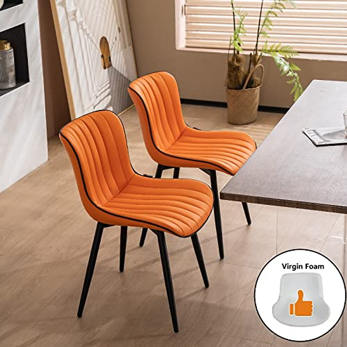 YOUNUOKE Dining Chairs Set of 2,Upholstered Mid Century Modern Chair Armless Faux Leather Accent Chairs with Backrest Metal Legs and Adjustable Feet for Kitchen Living Room Bedrooms,Orange
