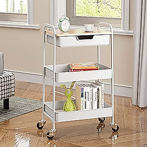 TOOLF 3-Tier Utility Rolling Cart with Wooden Board and Drawer, Metal Storage Cart with Handle, White Trolley Kitchen Organizer Rolling Desk with Locking Wheels for Office, Classroom, Home, Bedroom