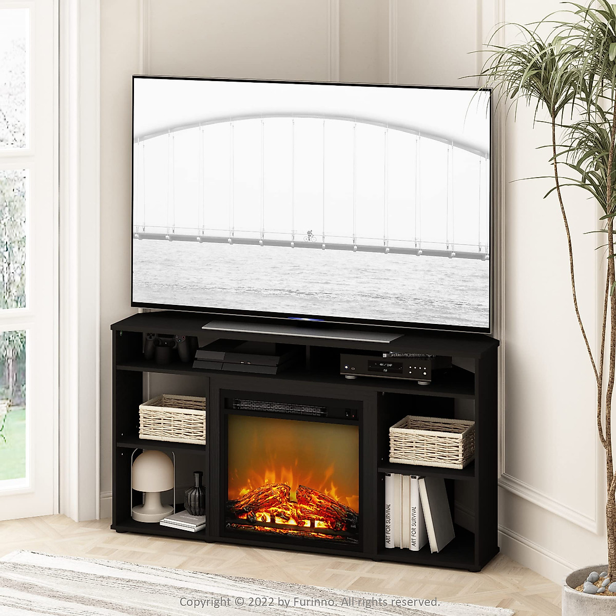 Furinno Jensen Corner TV Stand with Fireplace for TV up to 55 Inches, Americano