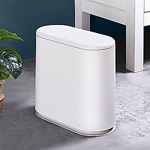 10 Liter Slim Trash Can with Press Top Lid, Oval Split Garbage Bin for Home, Office, Bathroom, (White)