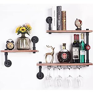 VEMEST 3 Tier Industrial Pipe Shelving Wall Mounted, Rustic Metal Storage Floating Shelves for Bedroom, Living Room, Bathroom, Farmhouse Kitchen Bar Shelving and Wall Shelf Unit Bookshelf.