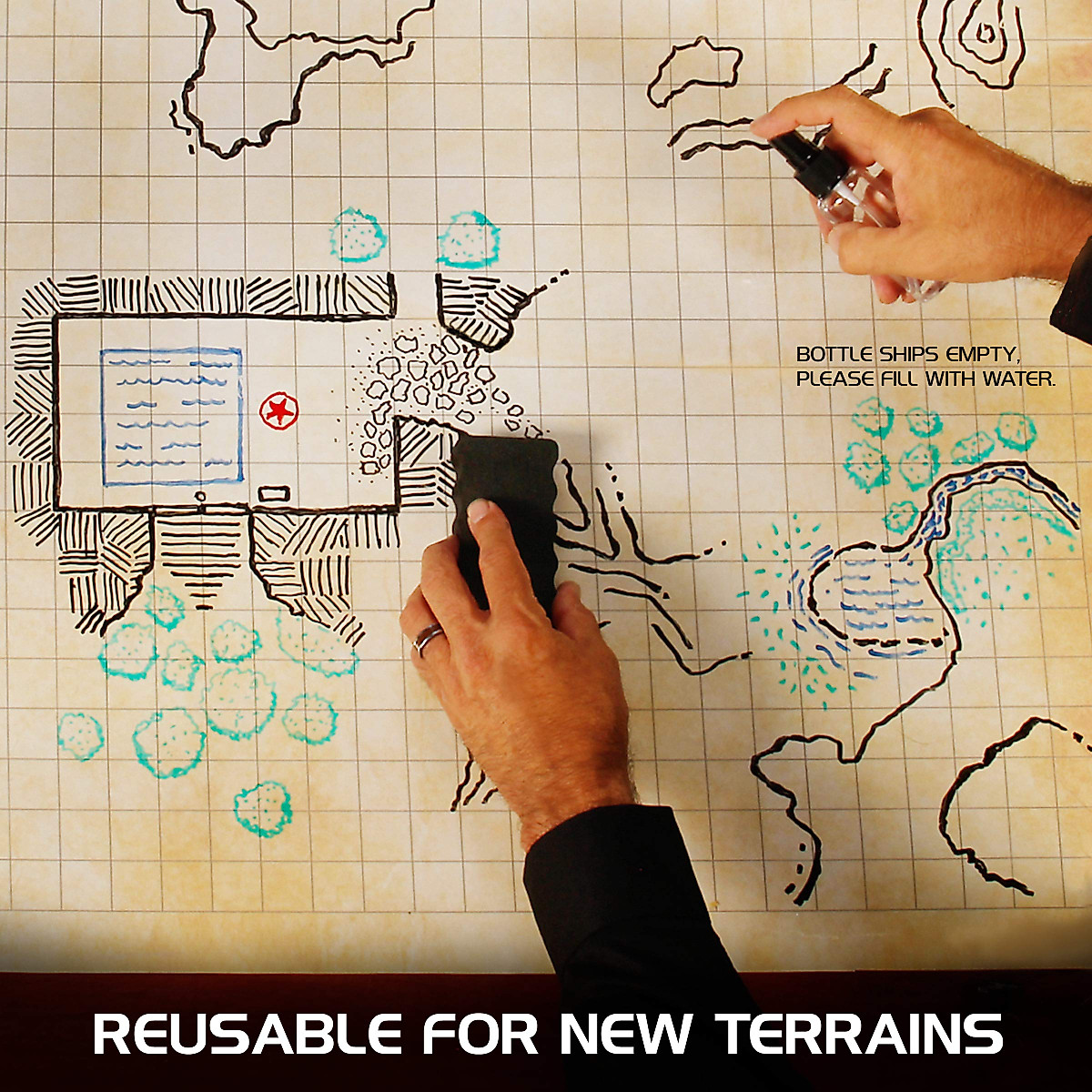 ENHANCE RPG Grid Mat - Tabletop DND Map (24x36 inch) Role Playing Dry Erase DND Mat Complete Gaming Set for Masters and Starters, Erasable Parchment Battle Grid Game Mat with Travel Pouch, Marker Kit