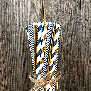 Navy Blue and Gold Foil Paper Straws - Stripe Chevron Solid - 100 Pack