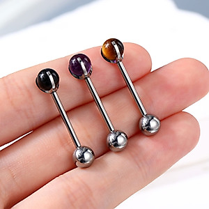 CM Crareesi Mania Titanium Tongue Rings 14G Amethyst Tongue Piercing Jewelry Solid G23 Titanium Nipple Tongue Ring 16mm Natural Stone Tongue Barbells for Women